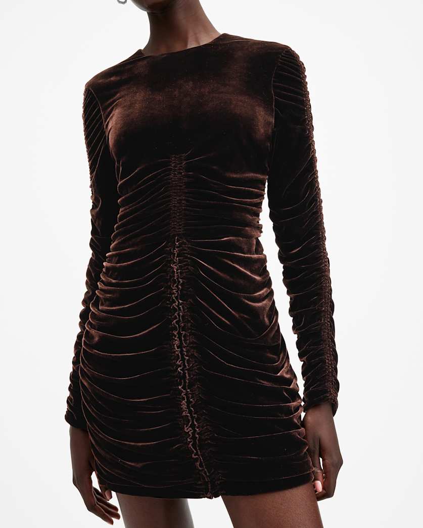 Eris Ruched Velvet Mini Dress RICH BROWN | ALLSAINTS